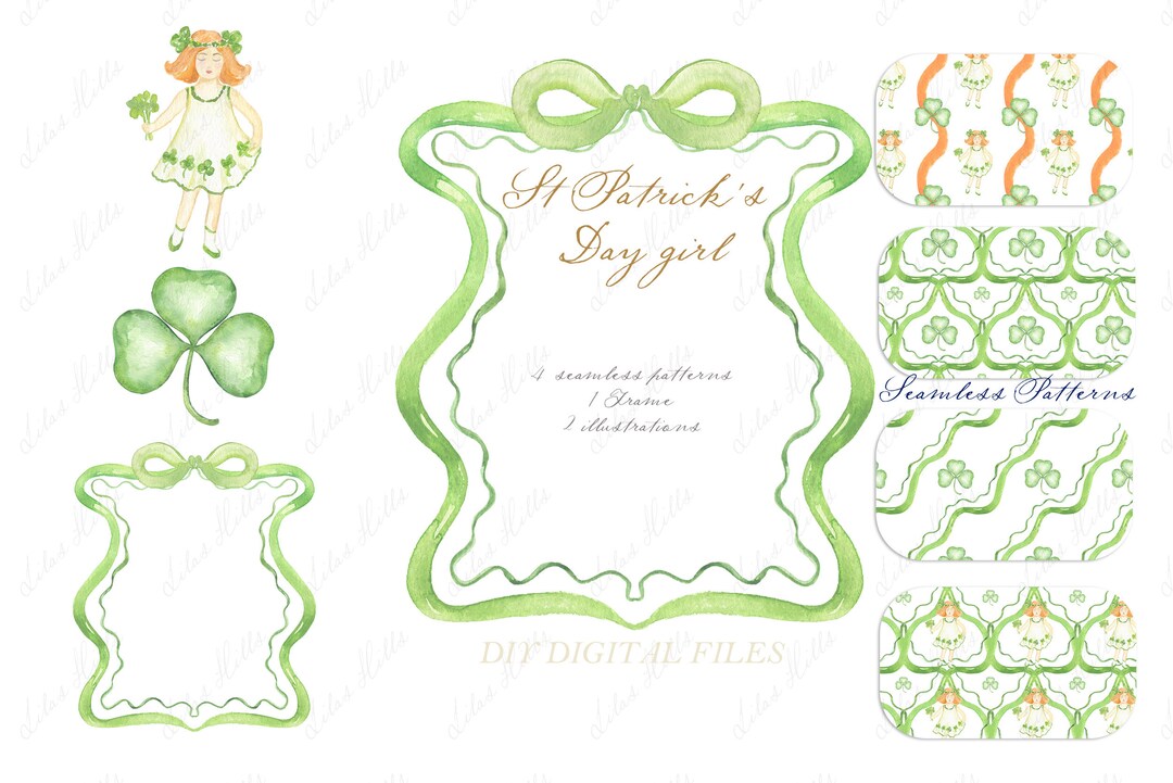 St Patricks Day Girl Greenery DIY Digital Clipart. Vintage Card Digital ...
