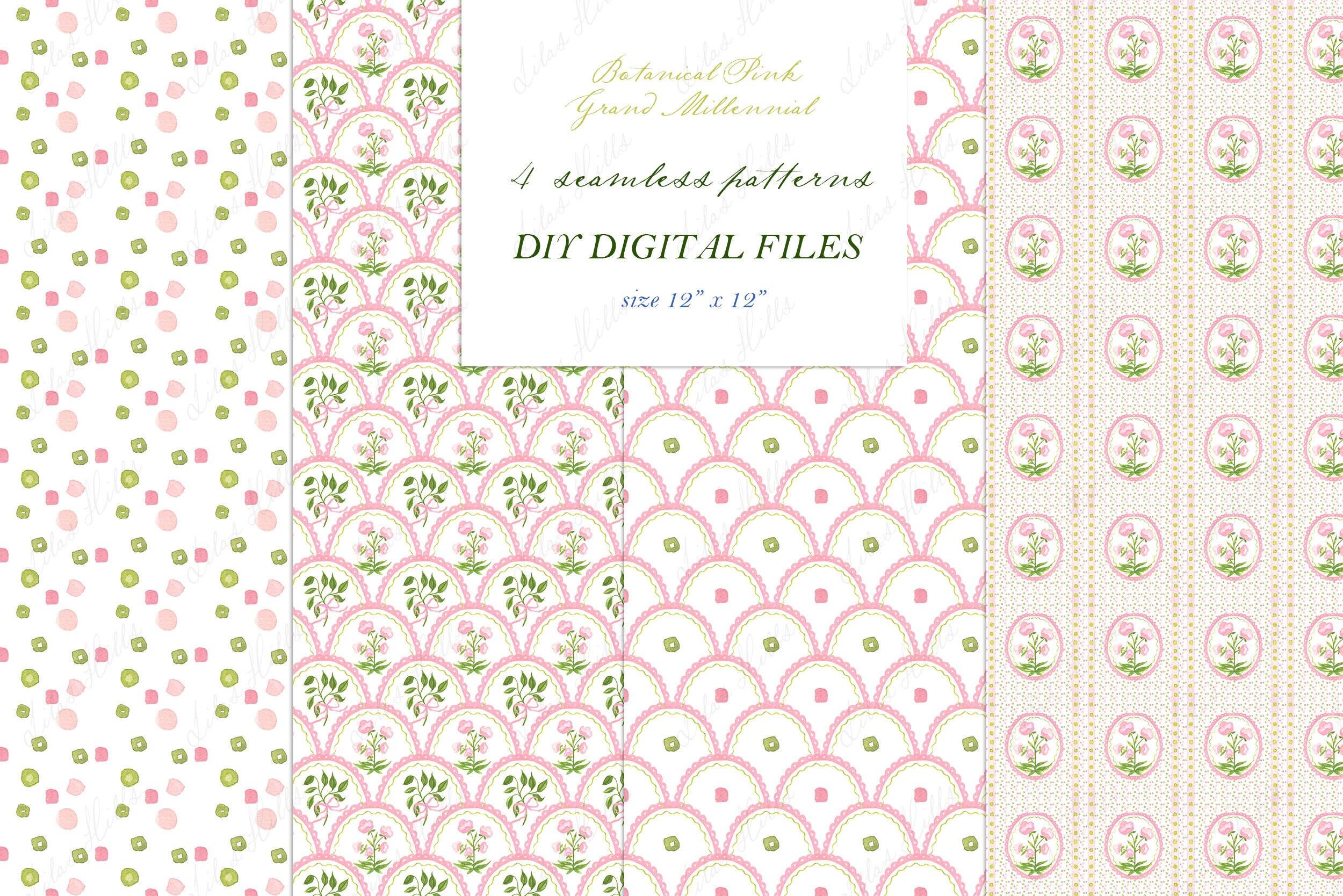 Watercolor Pink Green Floral Clipart, Frames & Paper (digital Download ...