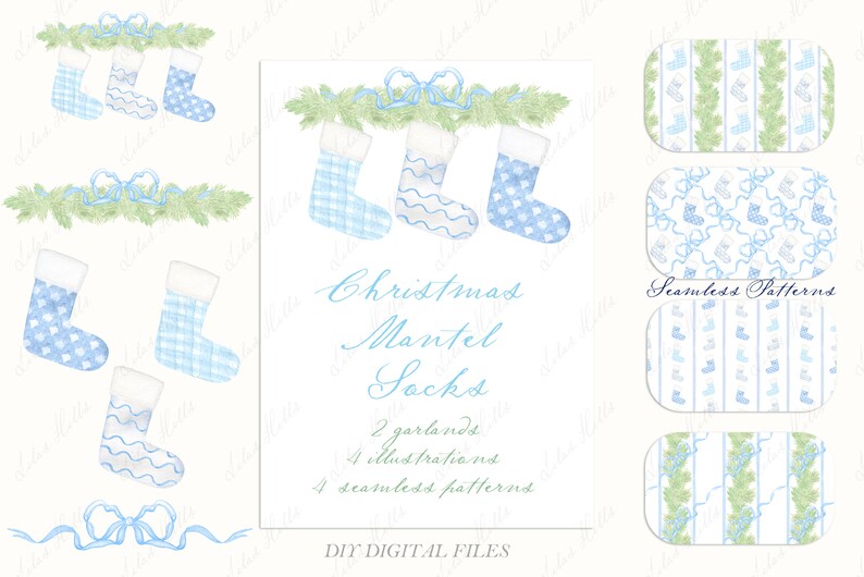 Christmas Stocking Blue Watercolor Greenery Powder Blue Bow - Etsy