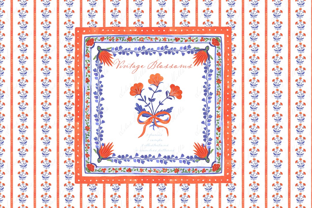 Vintage Blossoms Grand Millennial Botanical Blue Red Flowers Watercolor ...