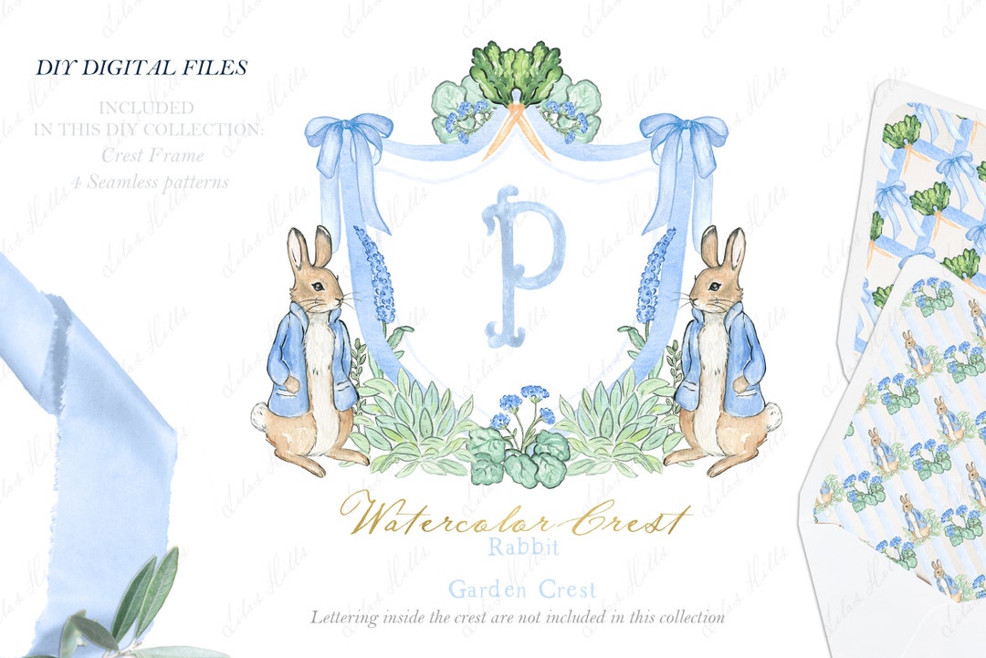 Rabbit Garden Family Watercolor Crest DIY Blue Green Newborn Digital ...