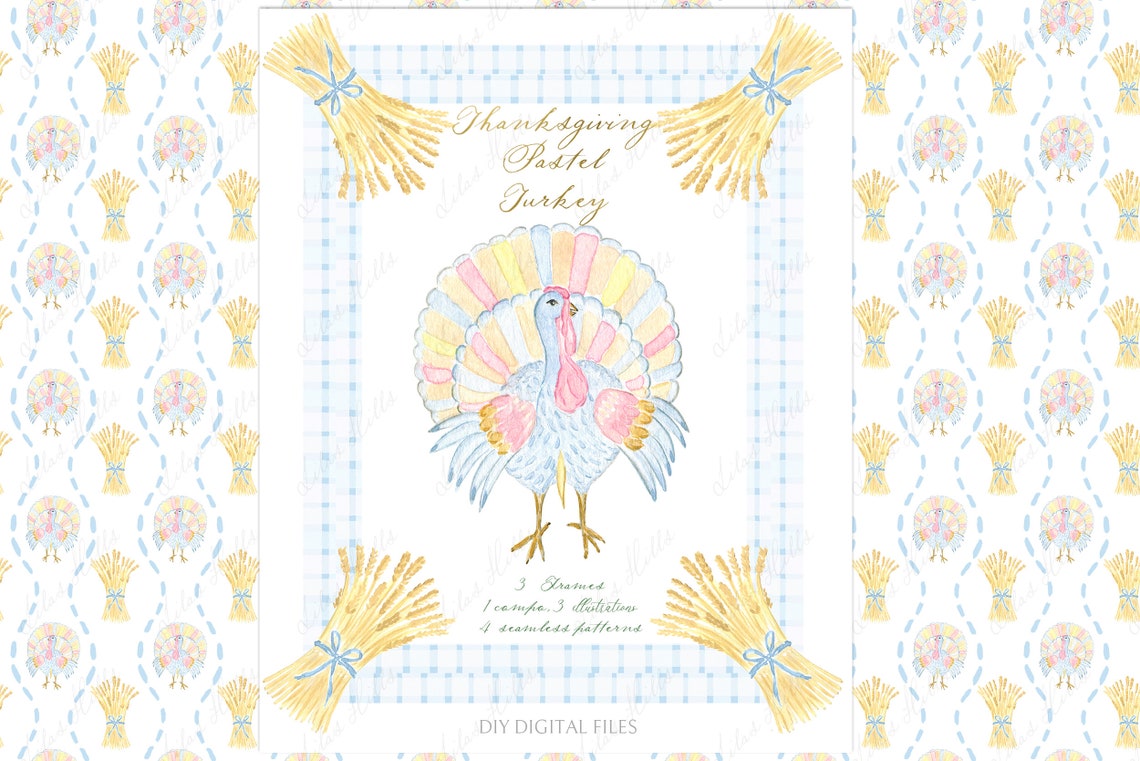 Thanksgiving Pastel Turkey DIY Digital Clipart. Autumn Digital Paper ...