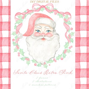 Santa Claus Retro Pink. Christmas Clipart DIY Gingham Pink Digital ...