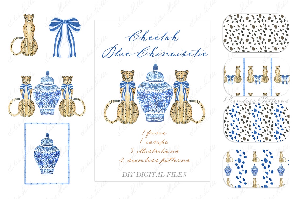 Cheetah Blue Chinoiseie Bamboo. DIY Digital Paper Frames Watercolor ...
