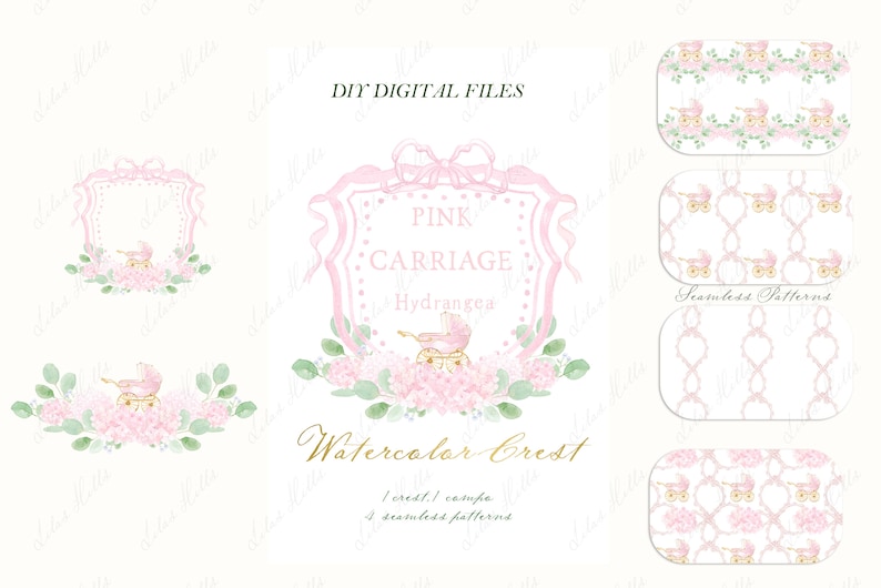 Light Pink Carriage Hydrangea Watercolor Crest Baby Girl DIY Hospital ...