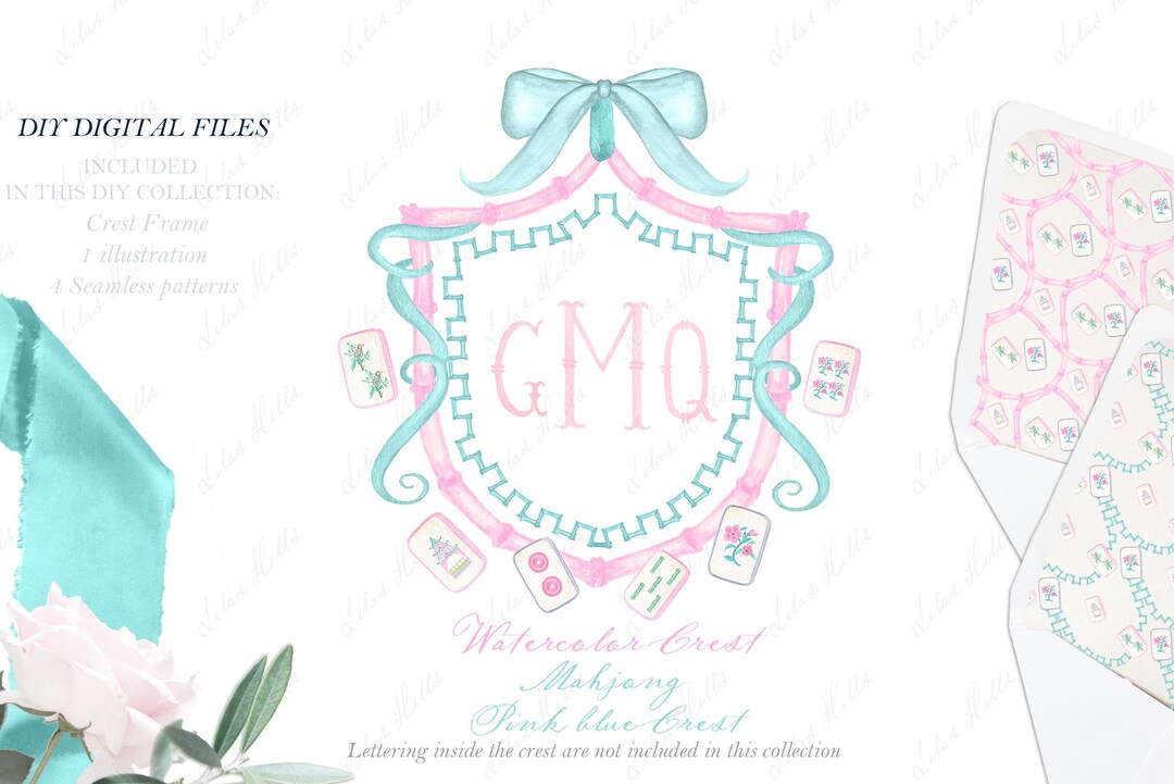 Mahjong Pink Light Blue Wedding Family Crest DIY Digital Papers ...