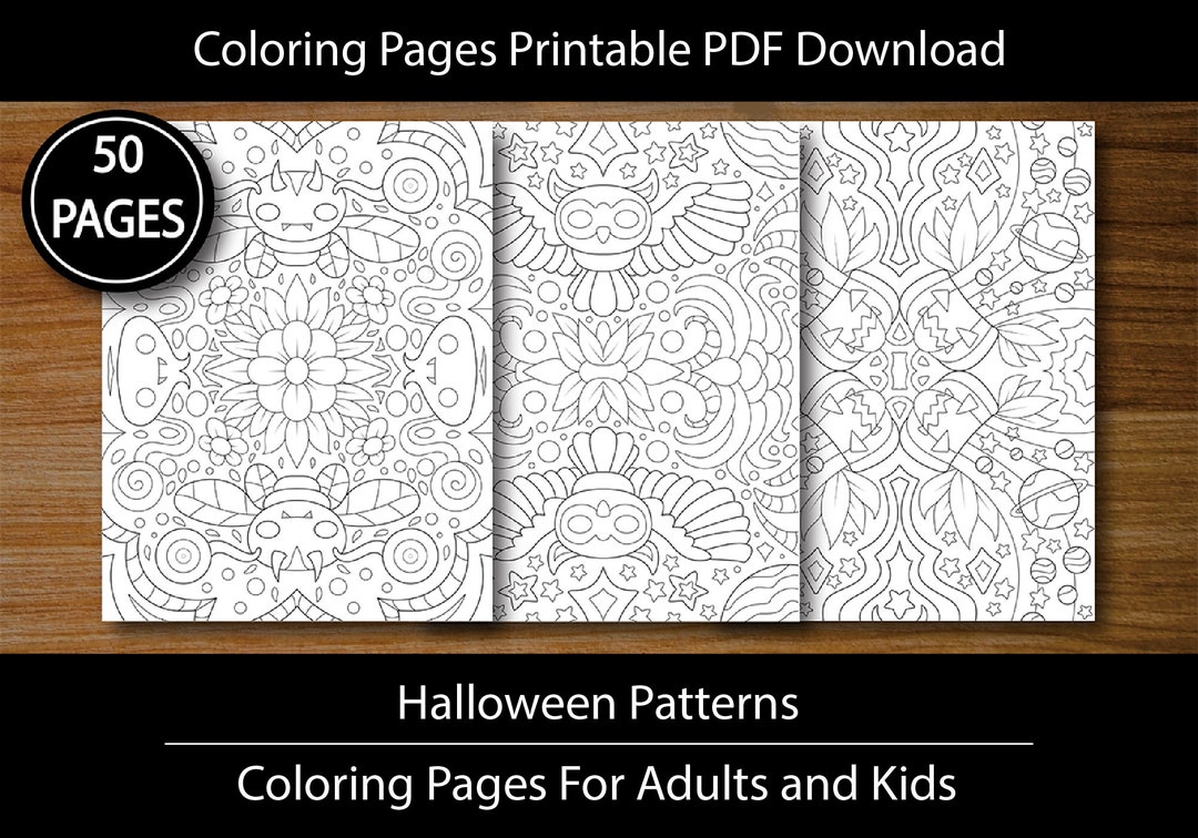 Halloween Pattern Coloring Pages for Adults and Kids | 50 Digital ...