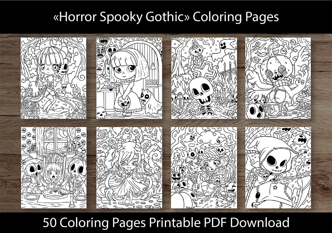 Horror Spooky Gothic Coloring Pages for Adults and Kids | 50 Digital ...