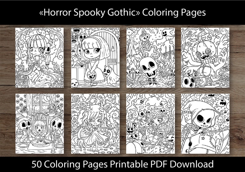 Horror Spooky Gothic Coloring Pages for Adults and Kids | 50 Digital ...