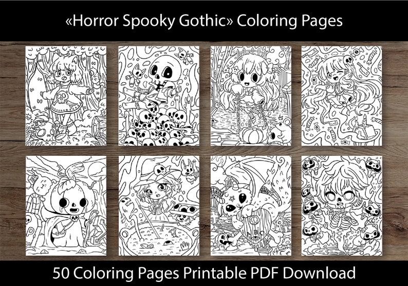 Horror Spooky Gothic Coloring Pages for Adults and Kids | 50 Digital ...