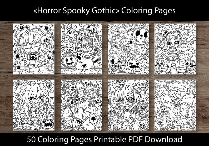 Horror Spooky Gothic Coloring Pages for Adults and Kids | 50 Digital ...