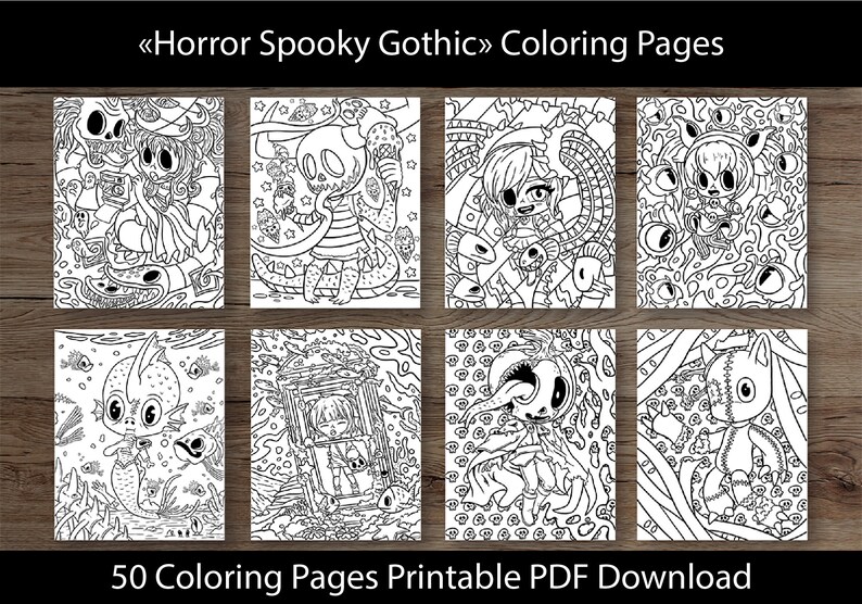 Horror Spooky Gothic Coloring Pages for Adults and Kids | 50 Digital ...