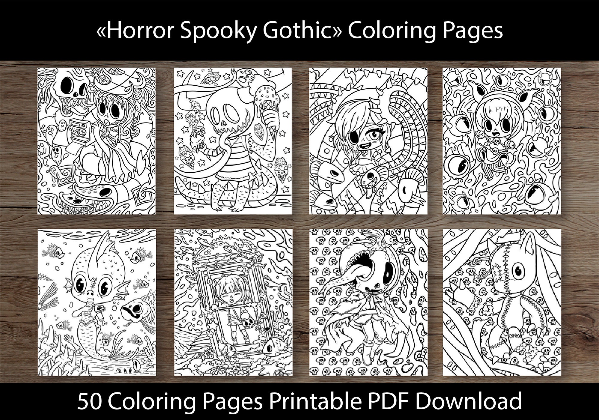 Horror Spooky Gothic Coloring Pages for Adults and Kids 50 Digital ...