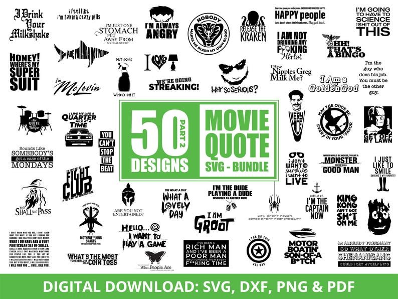 50 SVG Bundle of Amazing Movie Quotes for Designs, Catchphrases, and ...