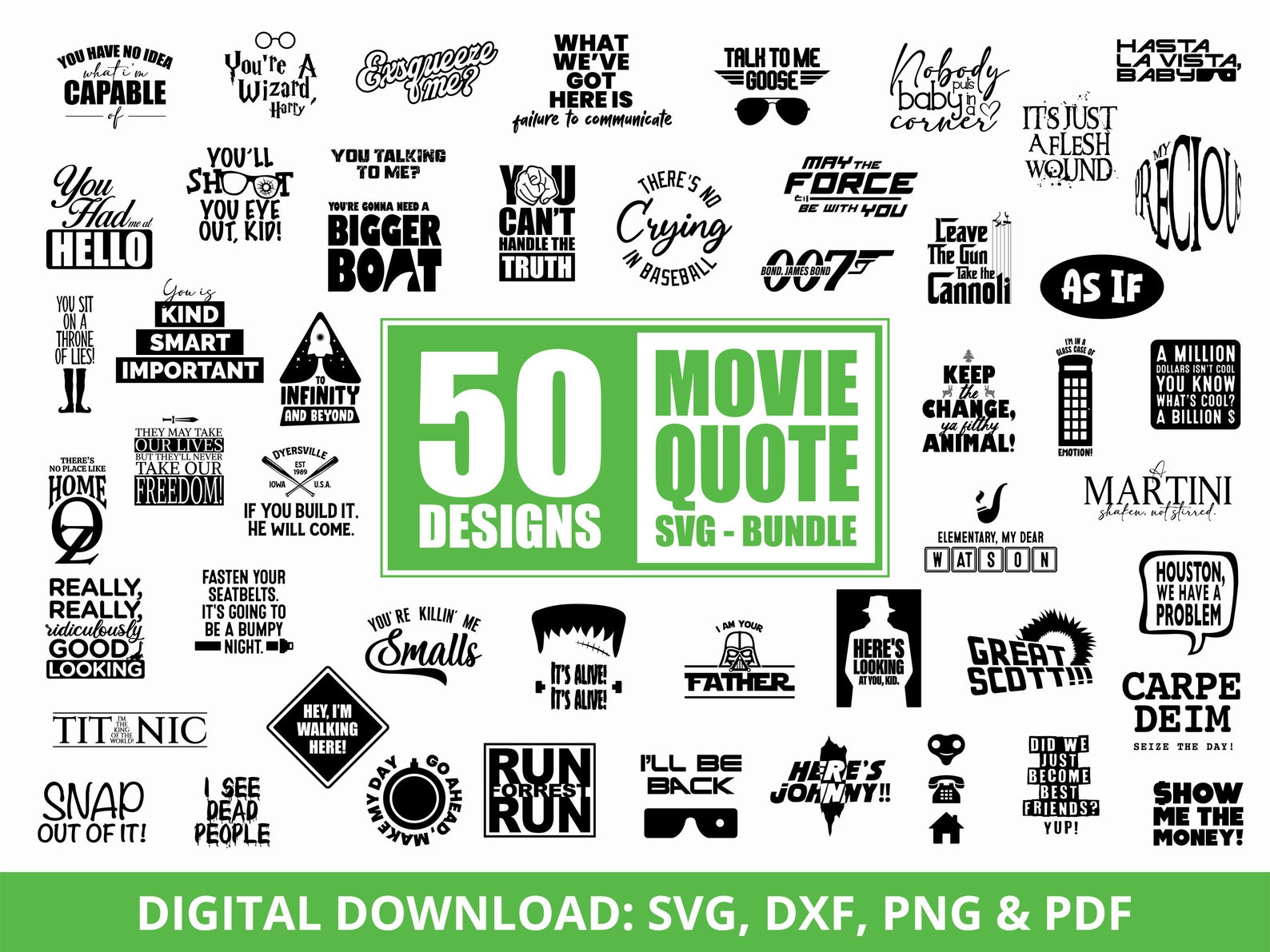 50 SVG Bundle of Unforgettable Movie Lines for Design, Bundle of ...