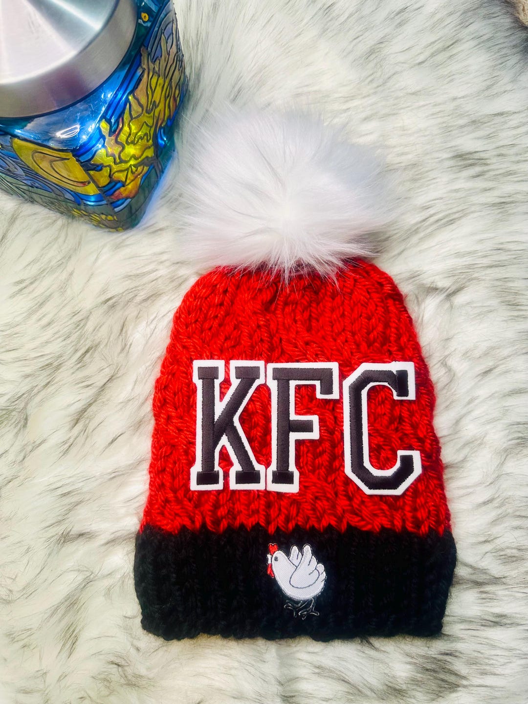 KFC Hand Knit Adult Winter Hat, Faux Fur Pom, KFC, Winter Hat, Super ...