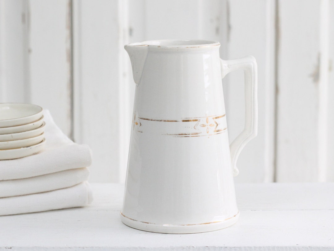 1800s Antique Medium Size Pitcher W Gilded Decor, French White ...