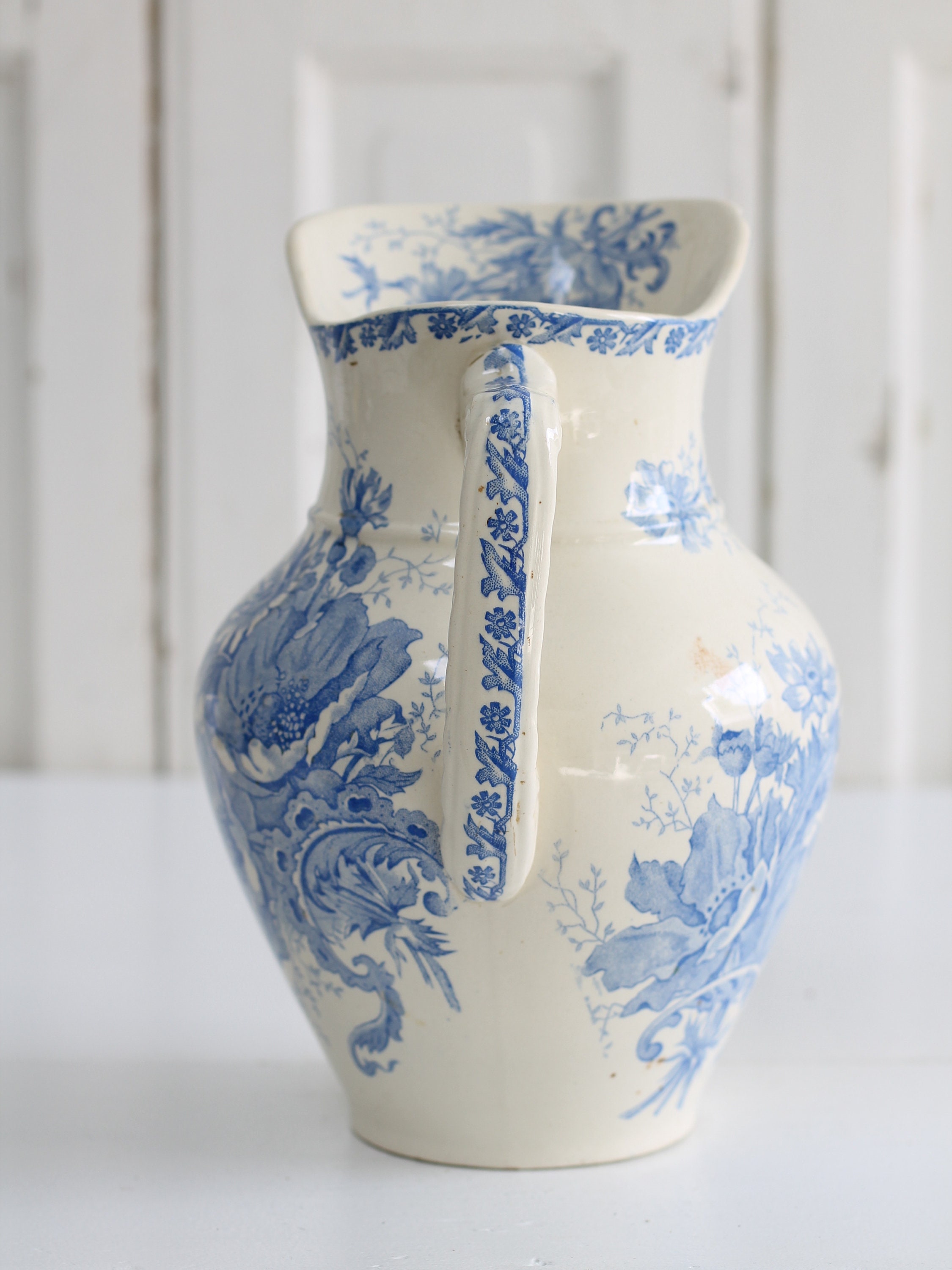 Antique Large White Ironstone Water Pitcher With Blue Transfer - Etsy