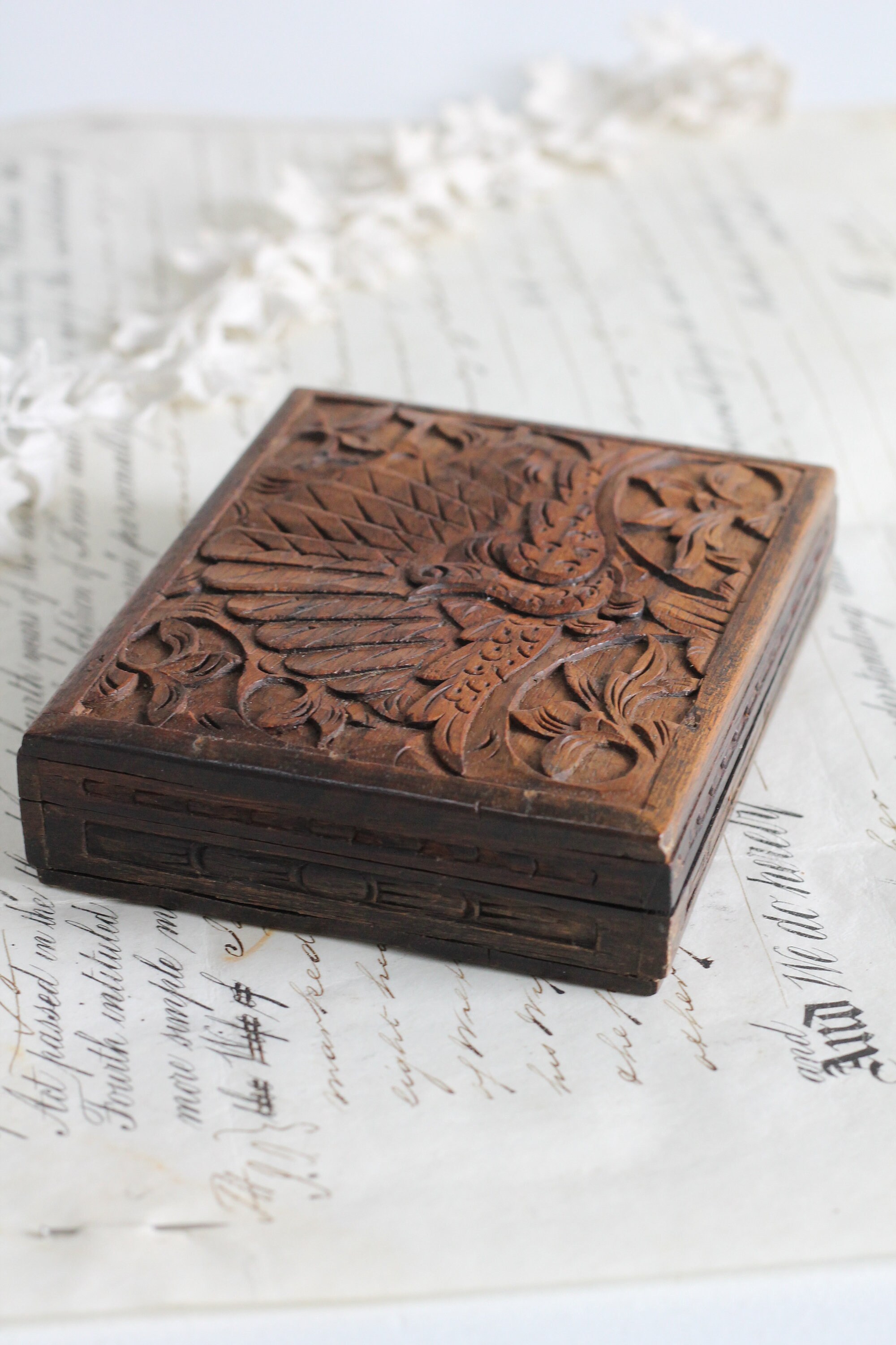 Antique Little Wooden Carved Box With a Bird Design, Vintage Handmade ...