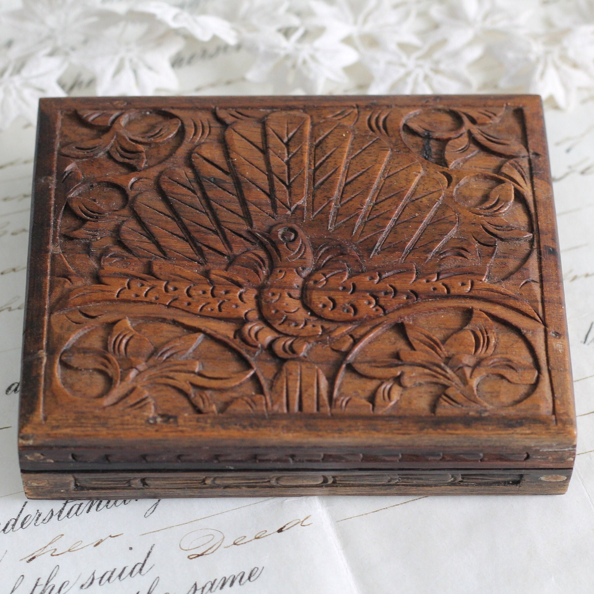 Antique Little Wooden Carved Box With a Bird Design, Vintage Handmade ...