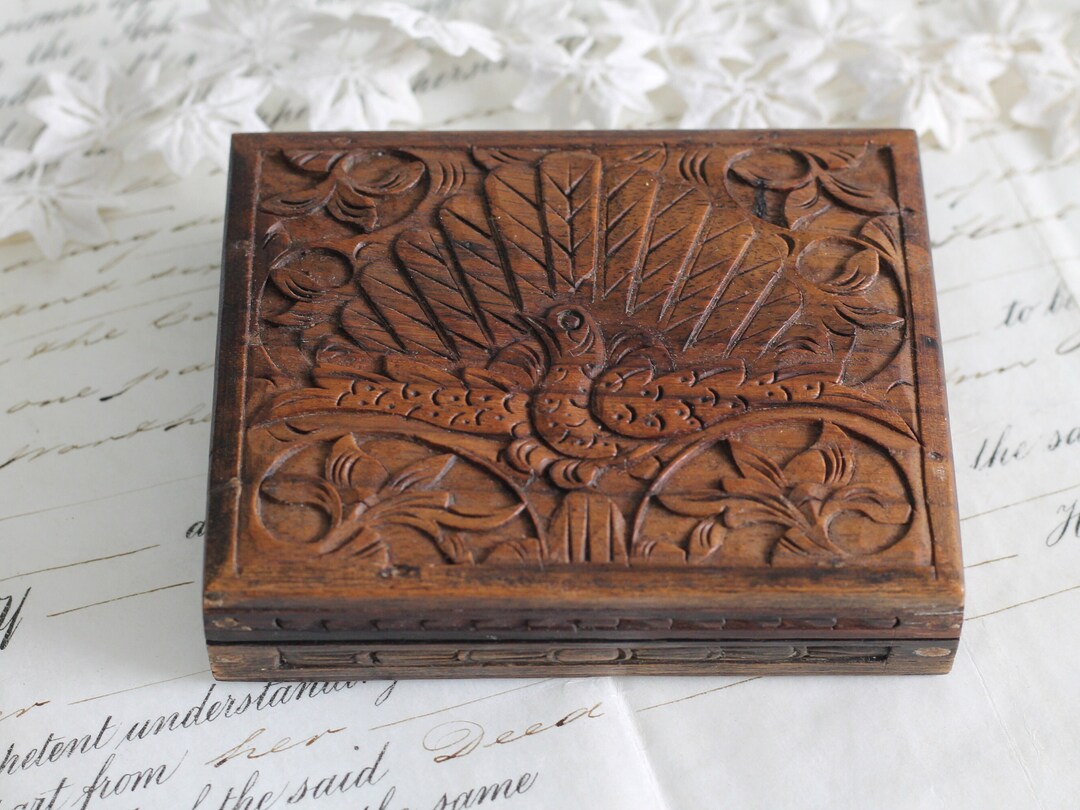 Antique Little Wooden Carved Box With a Bird Design, Vintage Handmade ...