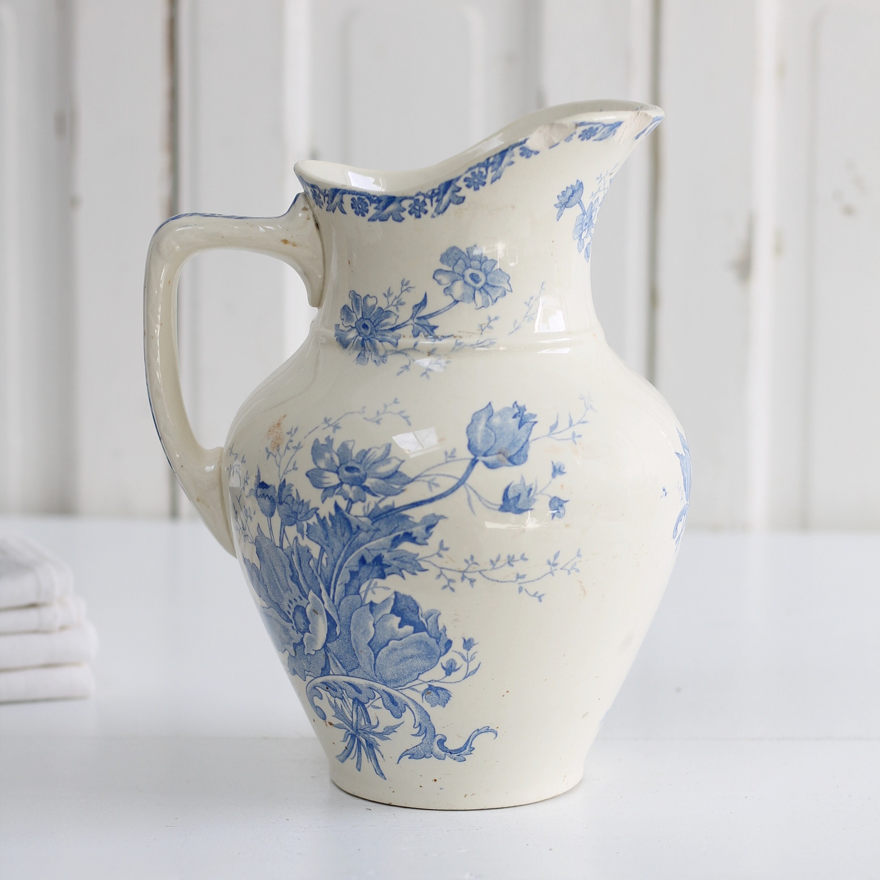 Antique Large White Ironstone Water Pitcher With Blue Transfer - Etsy