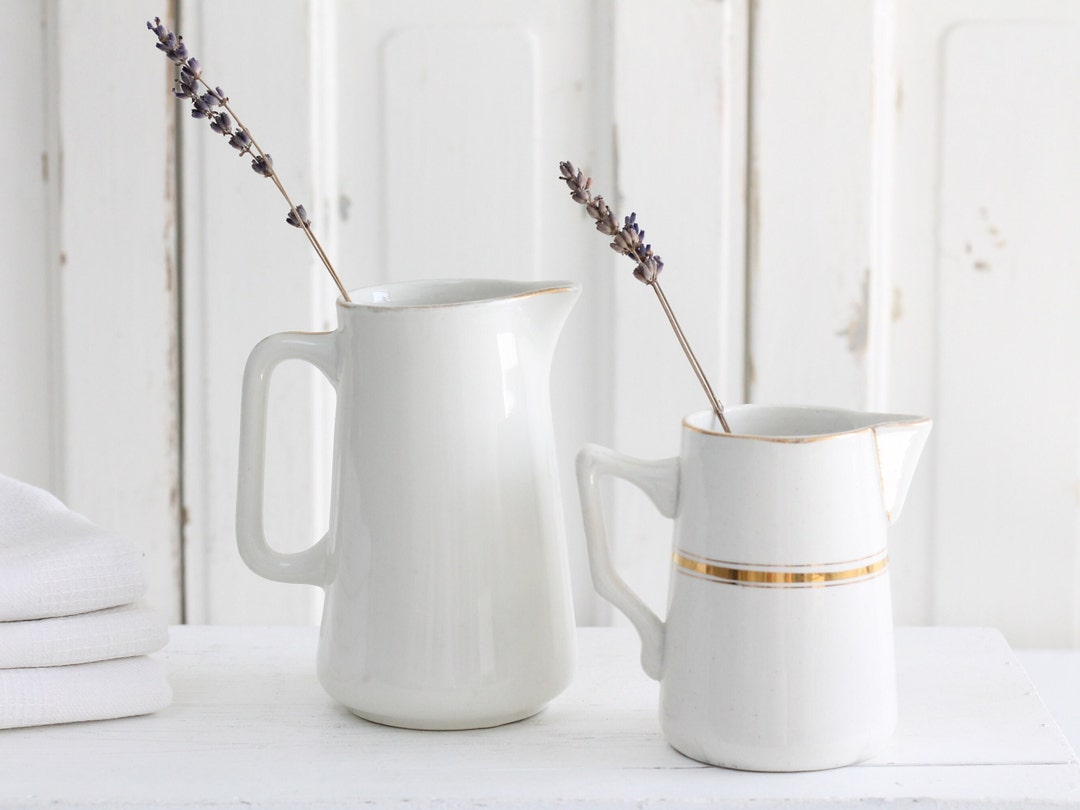 Antique Medium Sized Jug With Gilt Decor, French White Ironstone Milk ...