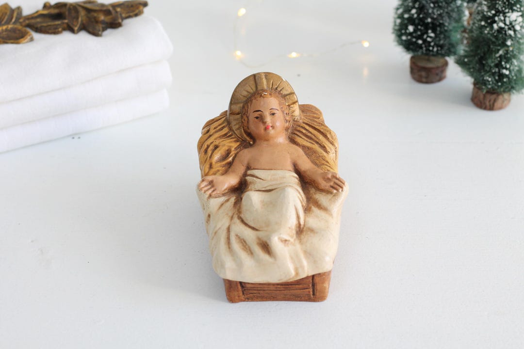 Antique French Chalkware Figurine of Baby Jesus Christ in Manger Crib ...