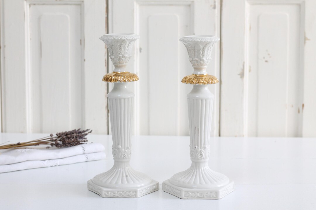Vintage Mid-century Modern Italian White and Gold Ceramic Candle ...