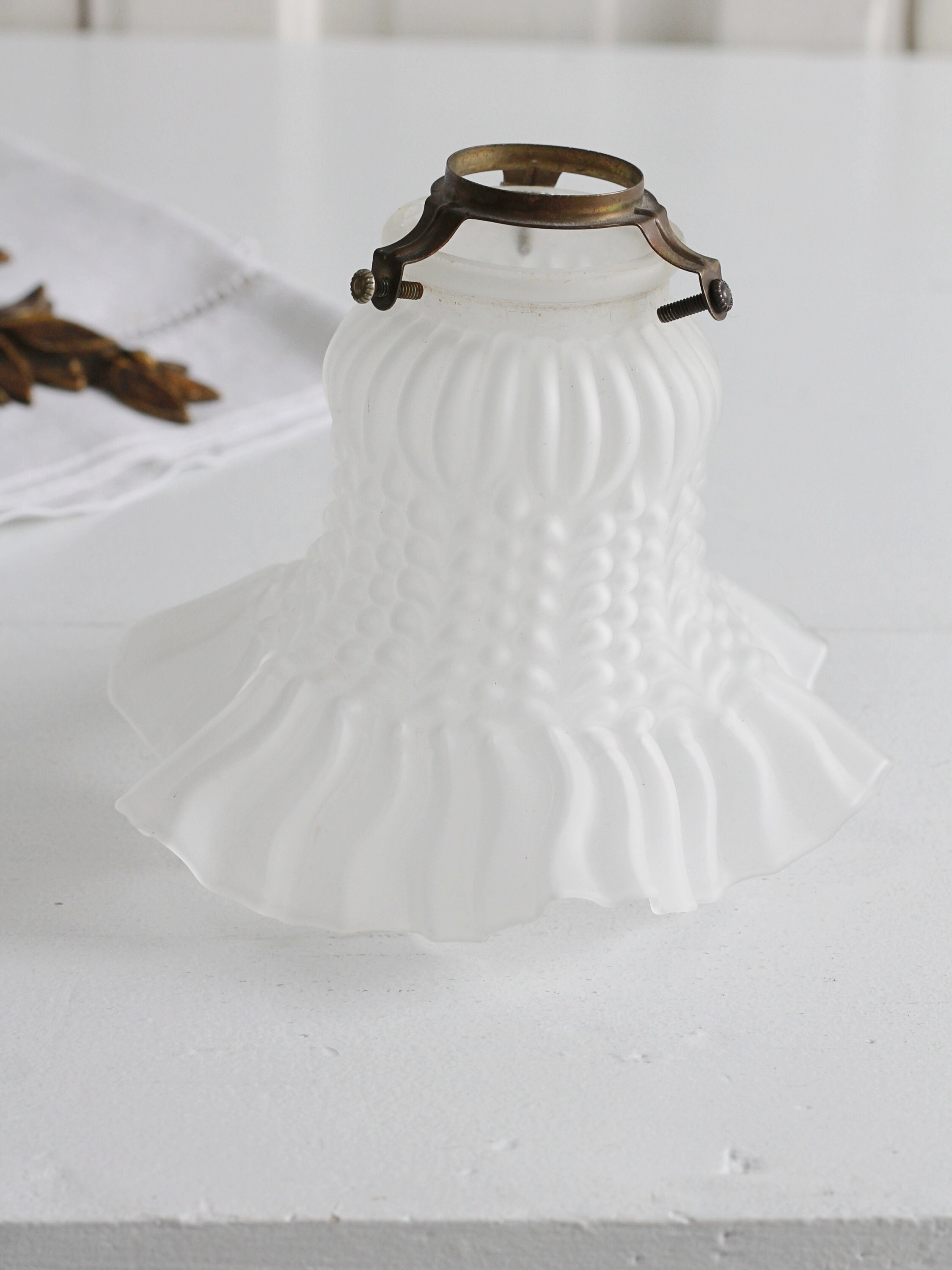 Antique French Translucid Ruffled Glass Lamp Shade, White Frosted Glass ...