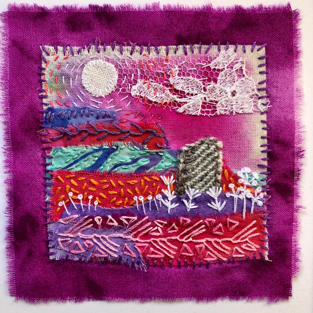 Mini Textile Art - Glowing Fuchsia Moon - Embroidery Art - Etsy