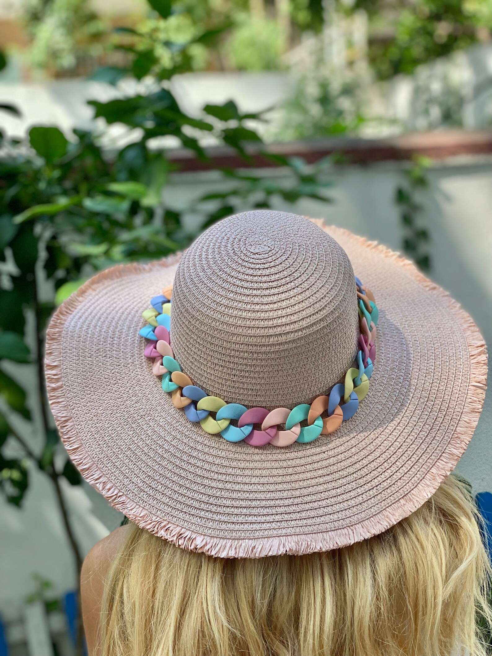 Summer Straw Hat With Coloured Chain, Pink Sun Hat, Beach Hat, Girls ...