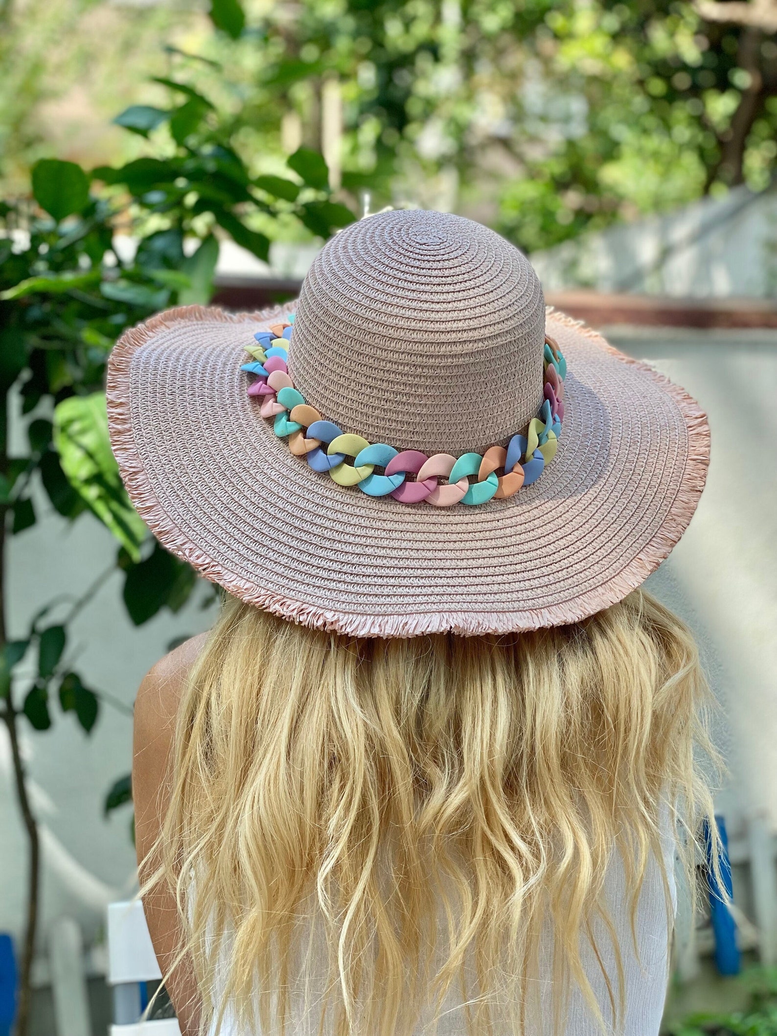 Summer Straw Hat With Coloured Chain, Pink Sun Hat, Beach Hat, Girls ...