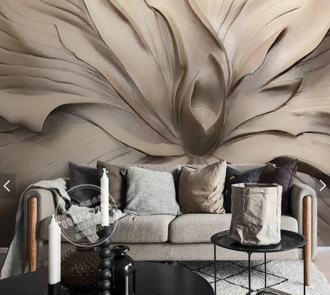 Large 3d Floral Wall Mural, Peel Stick Beige Boho Flowers Canvas ...