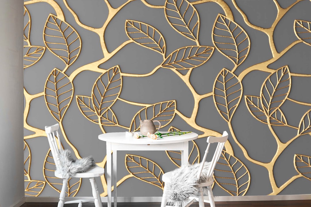 Large Golden Leaves Peel Stick Wallpaper, Botanical Self Adhesive Wall ...