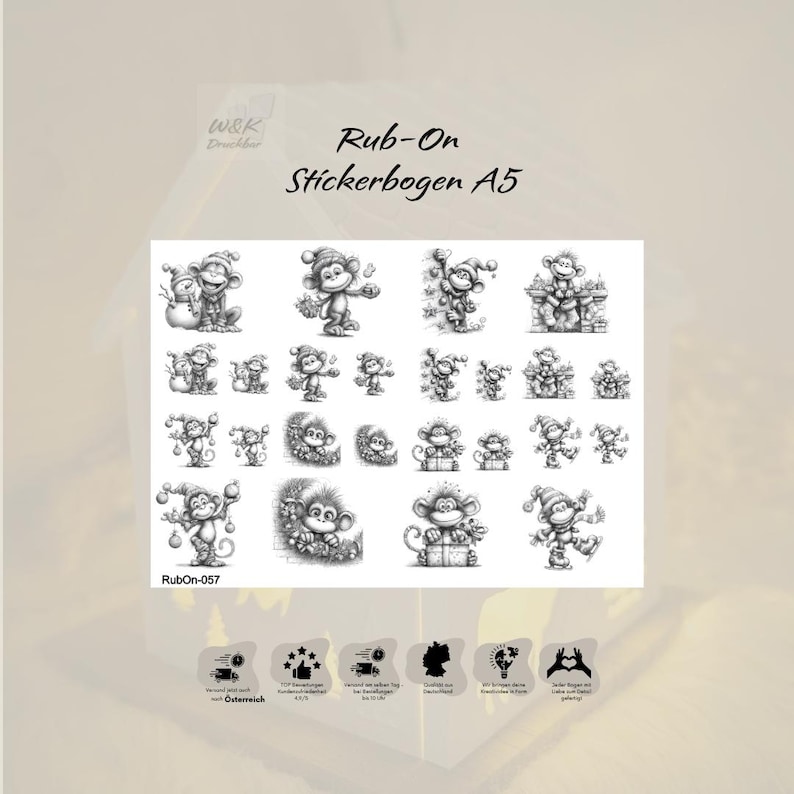 Rub-on Stickers / Monkey Pencil Drawing #2 / A5 Sheet / Borderless ...