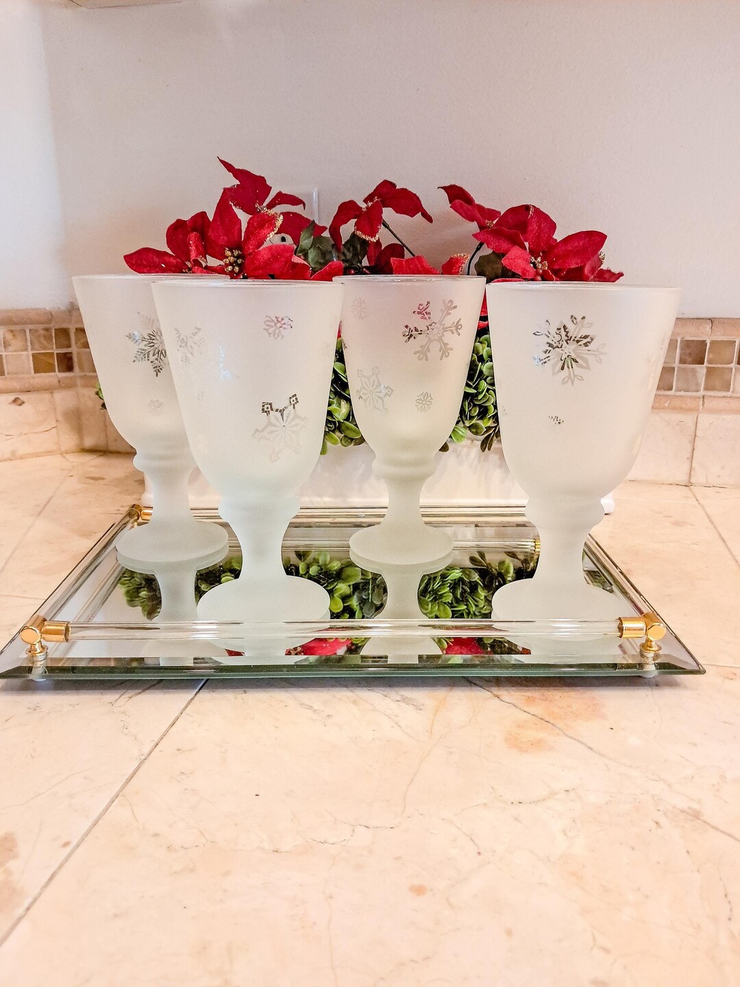 Vintage Set of 4 Libbey Flare Christmas Snowflake Frosted Water Goblets ...