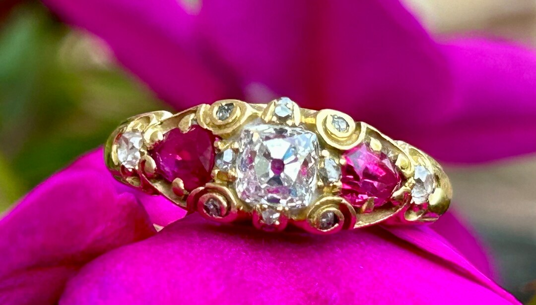 Mid Victorian Old Mine Cut Diamond and 2 Pear Cut Natural Rubies, 22 ...