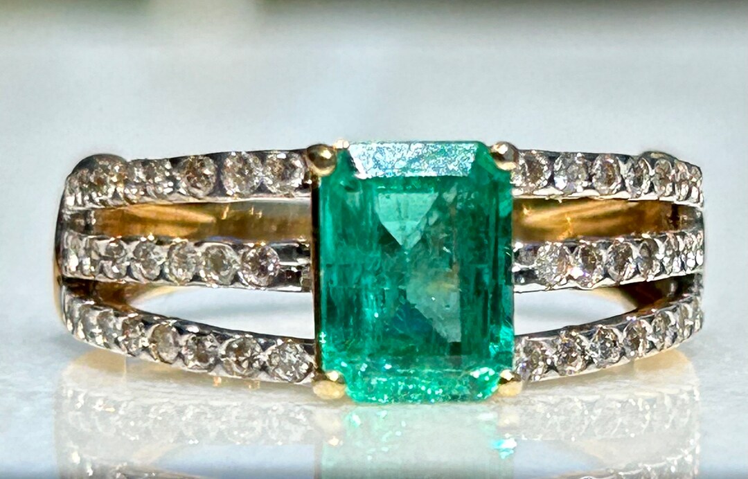 1.54 Emerald 18K Yellow Gold and Diamond Accented Triple Split Band ...