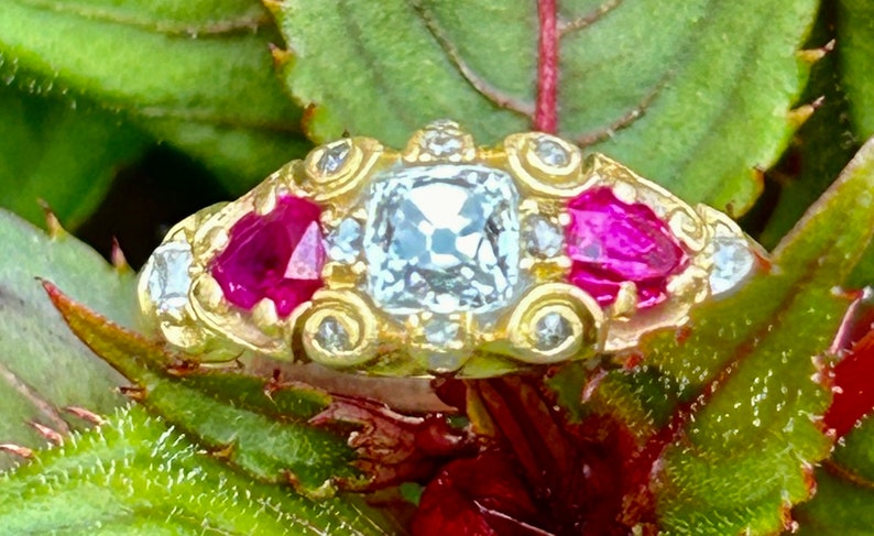 Mid Victorian Old Mine Cut Diamond and 2 Pear Cut Natural Rubies, 22 ...