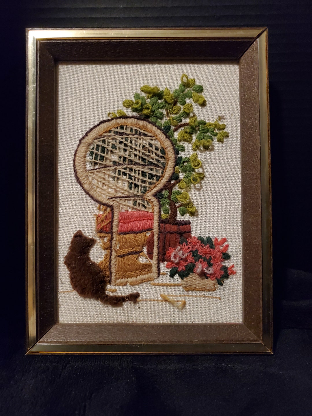 Framed Crewel Art With Plants and a Cat - Etsy