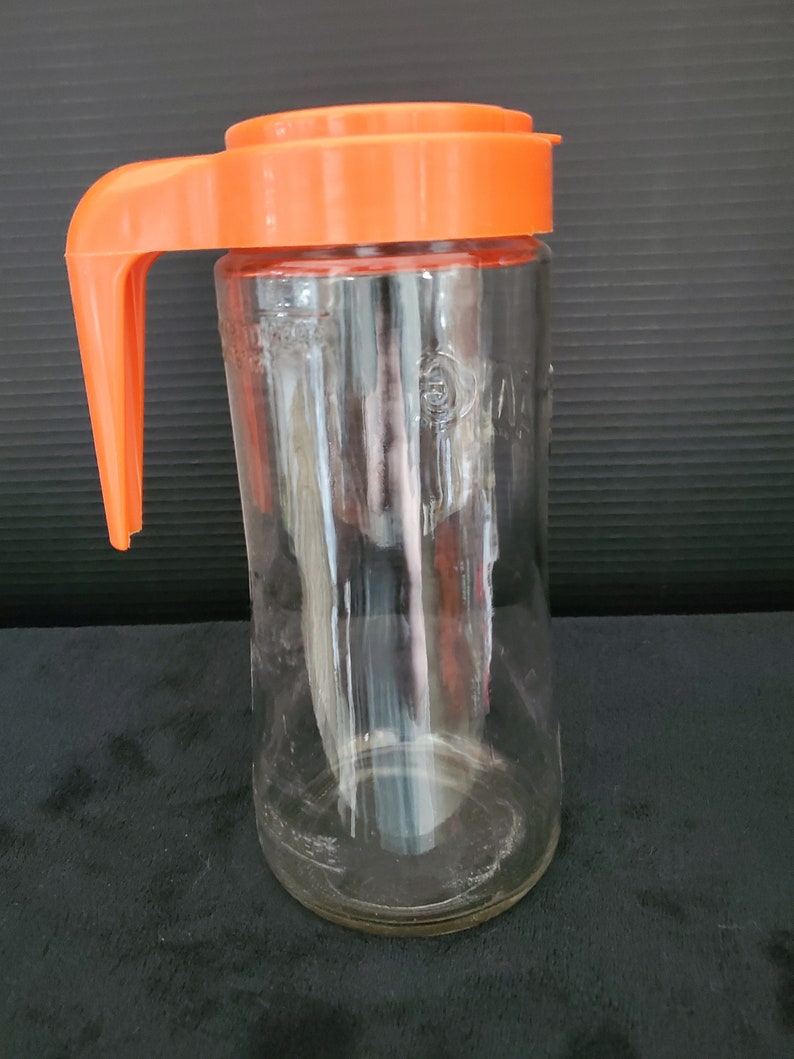 Vintage TANG Glass Pitcher With Orange Plastic Lid and Handle - Etsy