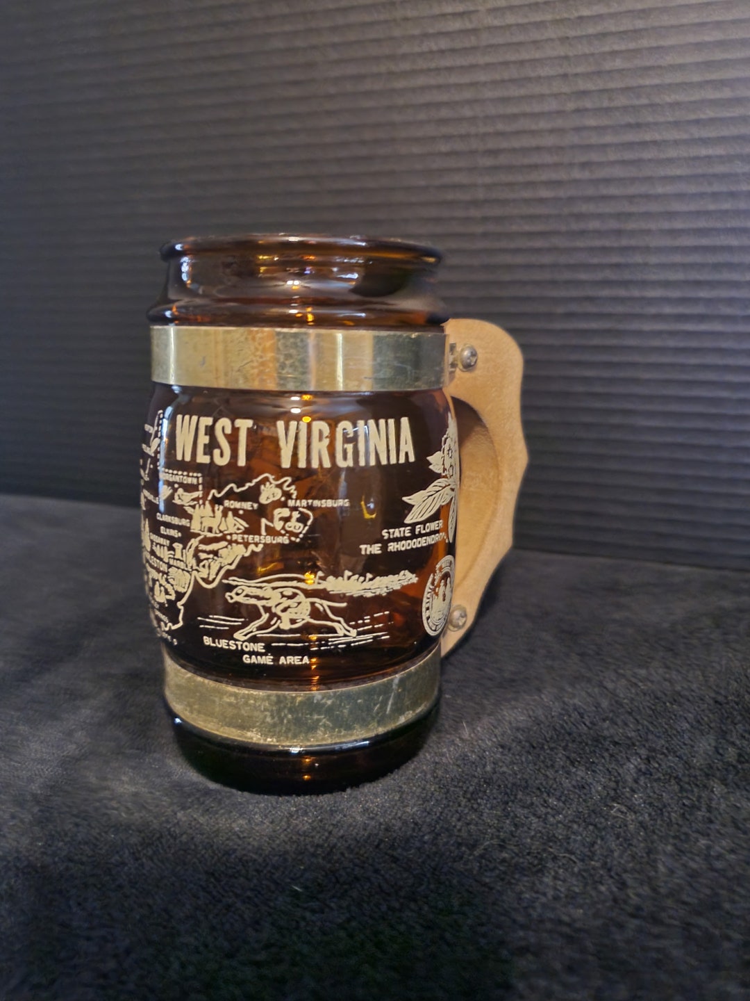 Vintage Siesta Ware West Virginia Brown Glass Souvenir Mug With Wood ...