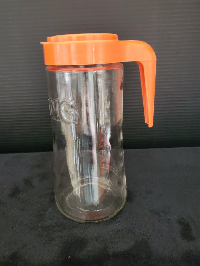 Vintage TANG Glass Pitcher With Orange Plastic Lid and Handle - Etsy