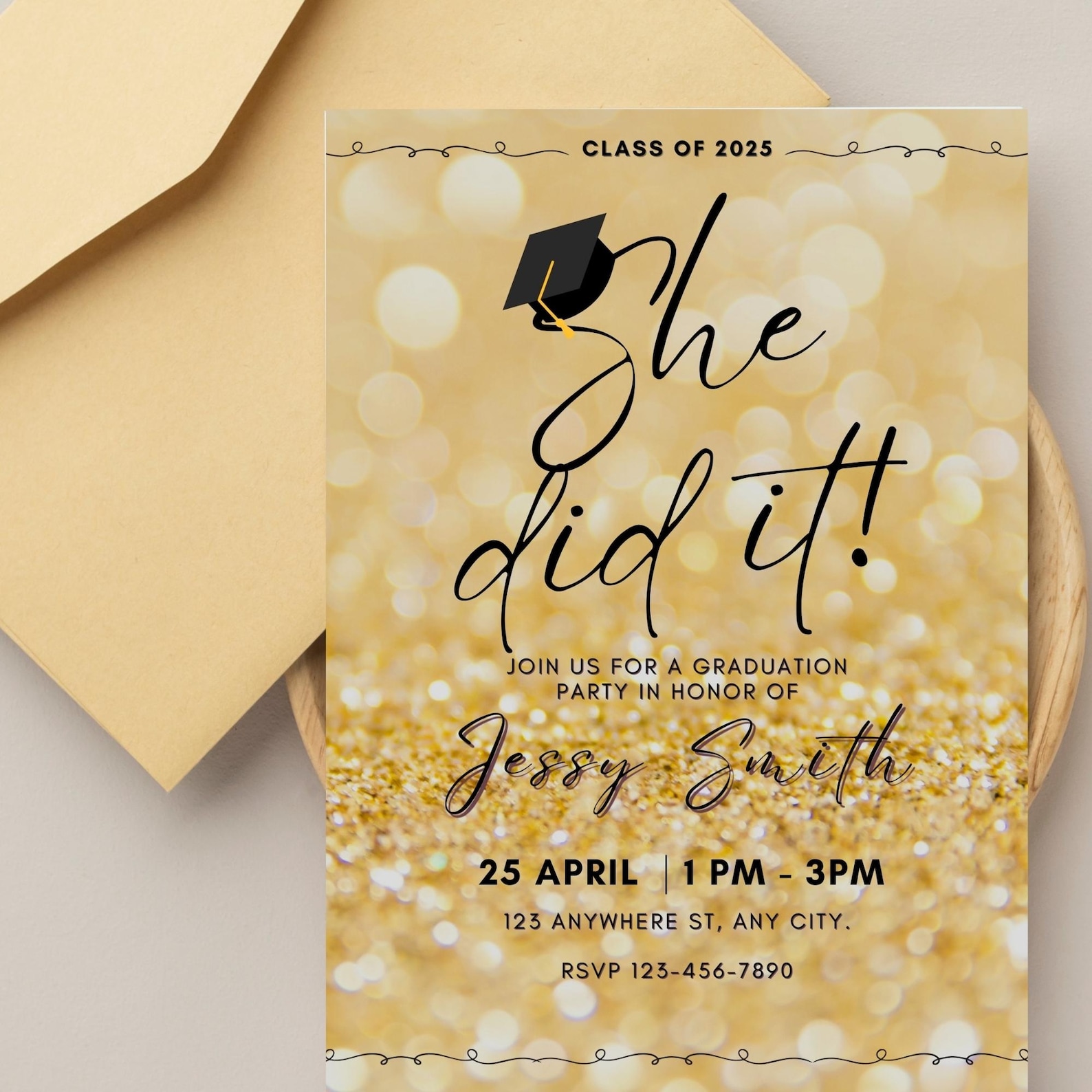 Class of 2025 Graduation Invitation: Elegant Gold Design (editable ...