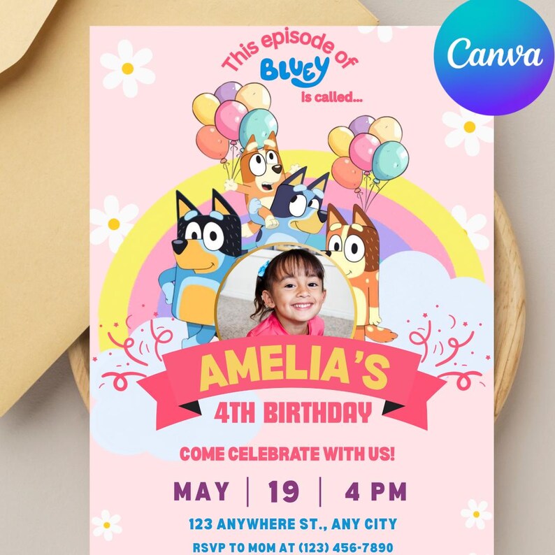Bluey Birthday Invitation: Girl's Party, Pink Flowers (editable Canva ...