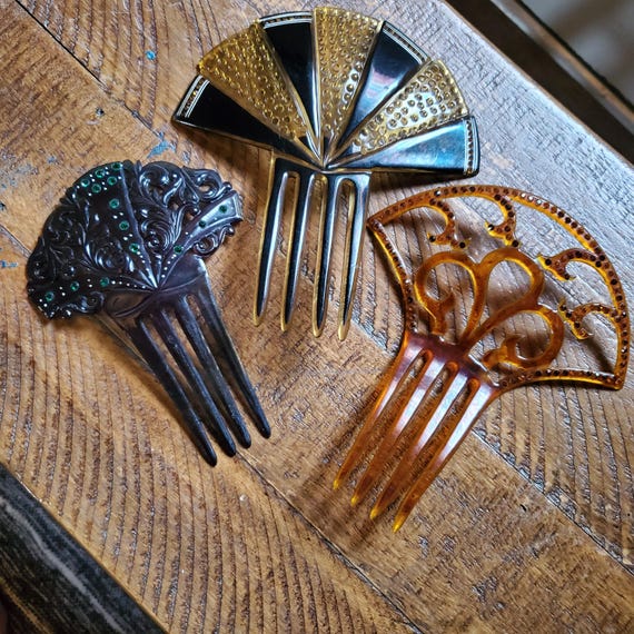 Beautiful Art Deco Celluloid Hair combs, Antique Rhin… - Gem