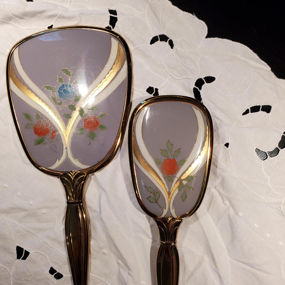 Vintage Hand Mirror and Brush Set, Blue MCM Flower Vanity Brush Set - Etsy