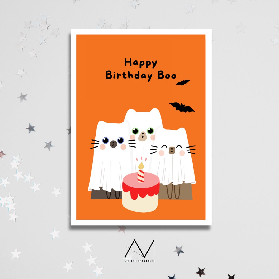 Printable October Happy Birthday Greeting Card, Halloween, Cute Cats - Etsy