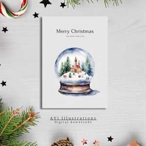Printable Merry Christmas Card - Watercolor Snow Globe, Minimalist - Etsy